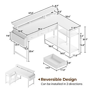 Seventable L Shaped Desk with Storage Drawers, 47 inch Gaming Desk with Shelves, Small Computer Desk with Power Outlets & LED Lights, Home Office Corner Desk with Monitor Stand for Bedroom, White
