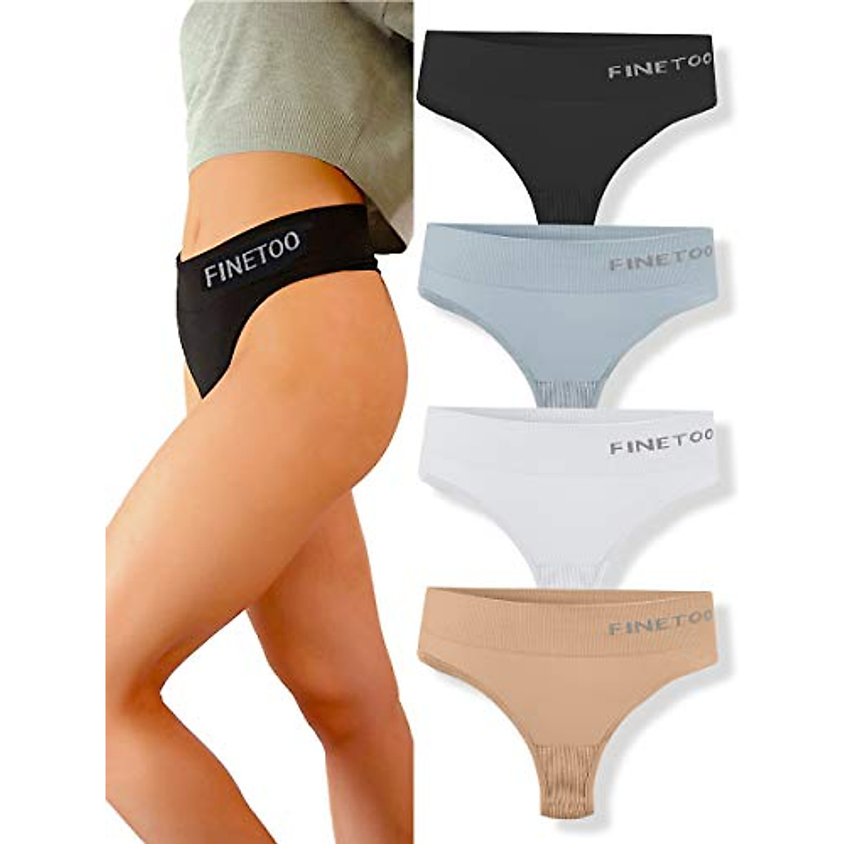FINETOO 4 Pack High Waist Thongs for Women Breathable Underwear Soft Stretchy Nylon Spandex No Side Seam Panties(L)