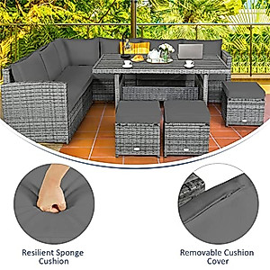 LUKEO 7 PCS Patio Rattan Dining Set Sectional Sofa Couch Ottoman Garden Gray for Yard, Patio, Poolside, Porch, Etc