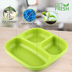 GET FRESH PLA Kids Divided Plates Set – 2-pack Melamine-Free Sectioned Plates for Kids and Toddlers – Stackable BPA-free Childrens Dinnerware Divider Plates – Reusable 3 Compartment Kids Plates