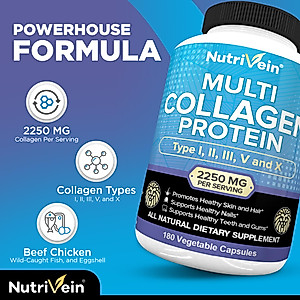Nutrivein Multi Collagen Pills 2250mg - 180 Collagen Capsules - Type I, II, III, V, X - Anti-Aging, Healthy Joints, Hair, Skin, Bones, Nails, Hydrolyzed Protein Collagen Peptides for Woman and Men