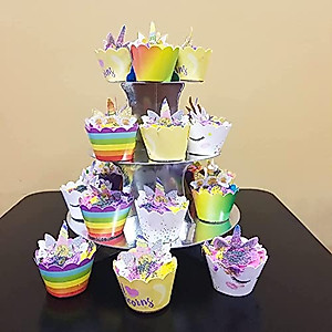 3-Tier Round Cardboard Cupcake Stand (12" W x 13.5" H) Birthday Wedding Special Event Decoration Reusable (1PC) (Silver)