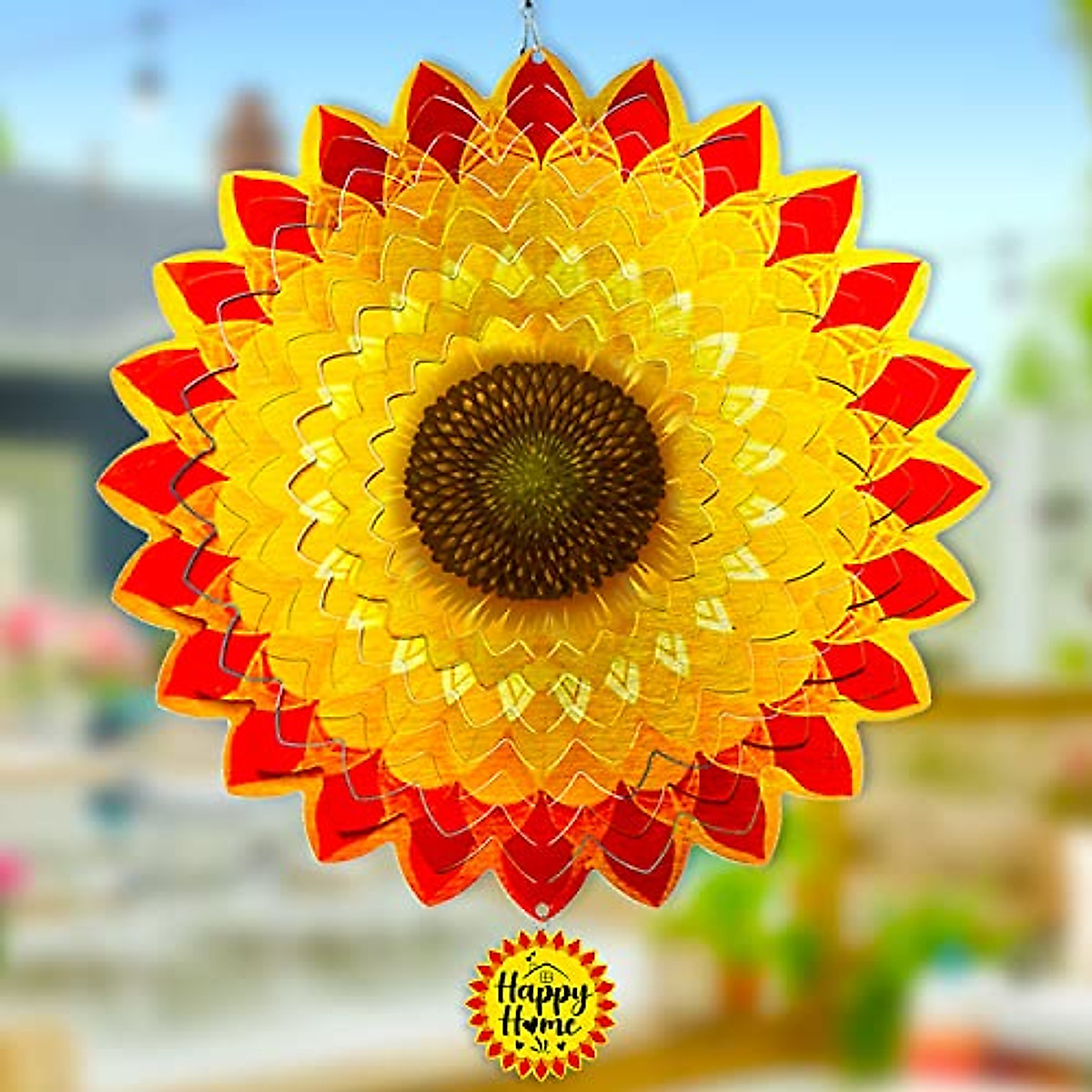 Wind Spinners for Yard and Garden - 12 inches Large - 3D Reflective Stainless Steel Hanging Wind Spinners - Home or Outdoor Decor - Kinetic Metal Art Design - Ideal for Gifts (12 Inches, Sunflower)