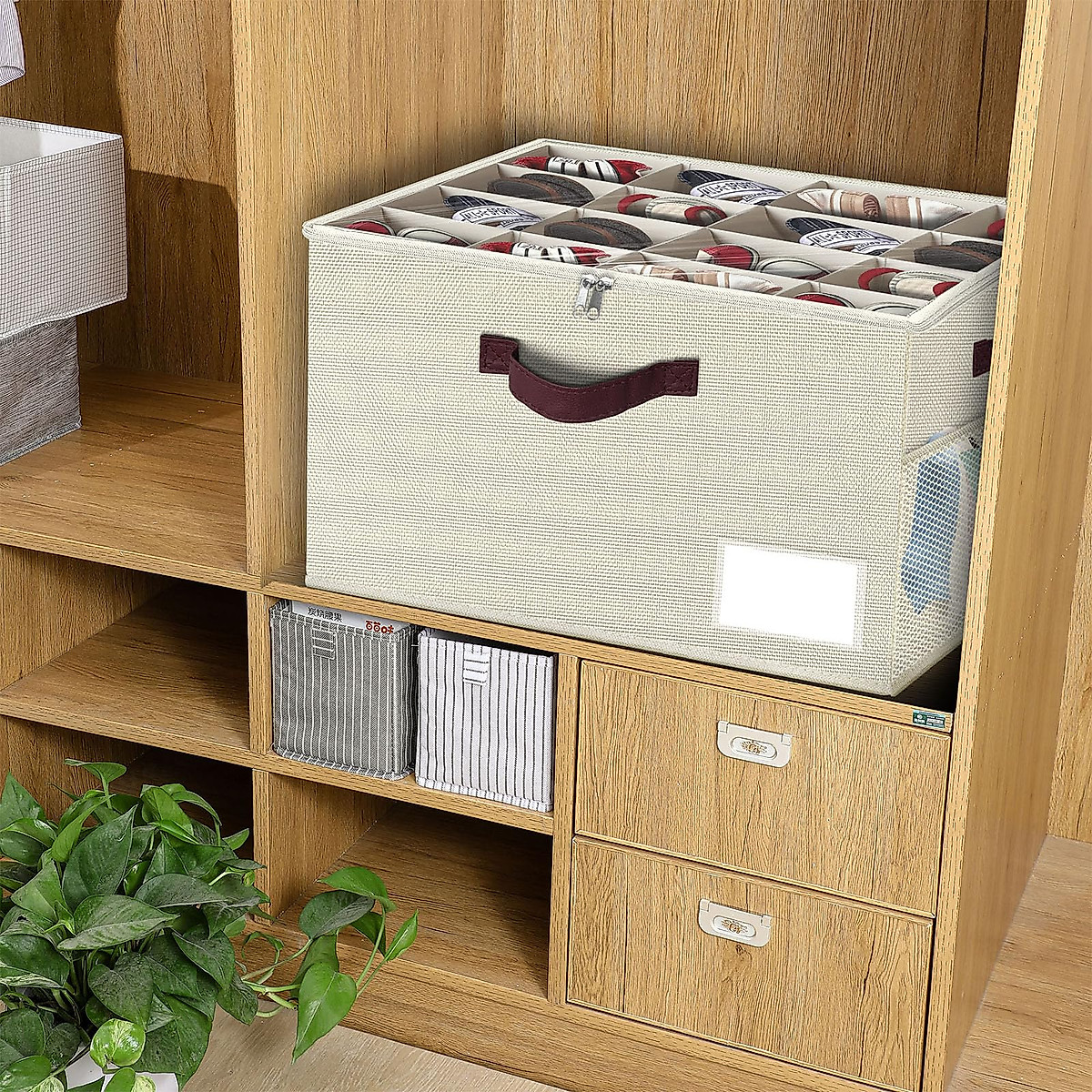 2 Pack Large Shoe Organizer for Closet, Adjustable Dividers Shoe Storage Bins Boxes, Foldable Shoe Holder Cube Containers with Clear Cover for Men’s shoes, High heel,Sneaker,Slippers,Boots(Beige).