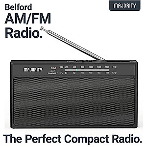 Rechargeable FM/AM Portable Radio | Radio with 10 Hours of Playback, USB Charging, Headphone Jack and Aerial | Majority Belford FM and AM Radio | Clear Sound Quality and Excellent Reception
