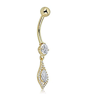 AVORA 10K Yellow Gold Simulated Diamond CZ Teardrop Dangle Belly Button Ring Body Jewelry (14 Gauge)