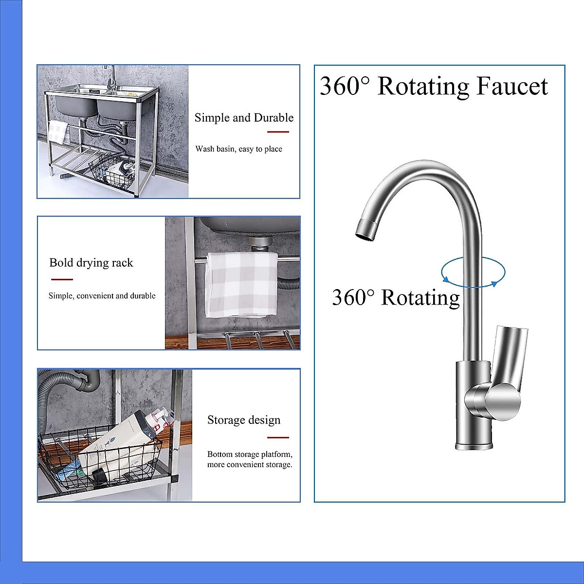 SEYFI Kitchen Sinks Freestanding Stainless Steel for Kitchen Single Bowl Commercial Restaurant Kitchen Sink, for Laundry, Backyard, Garage, Restaurant/Hot and Cold/Single Cold/52 * 38