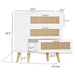 Irontar Rattan Nightstand with Charging Station, Night Stand with Rattan Decorated Drawers, Accent End Table, Bedside Table with Solid Wooden Legs for Bedroom, White and Natural BZZ006WME