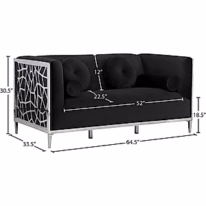 Meridian Furniture Opal Collection Modern | Contemporary Velvet Upholstered Loveseat with Intricate Chrome Stainless Steel Design, Black, 64.5" W x 33.5" D x 30.5" H