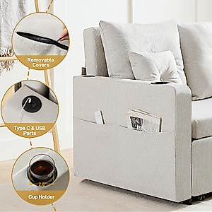 Busaurus 3 in 1 Loveseat Sleeper Sofa Couch Bed, 56" Full Size Convertible Sofa Bed, Pull Out Couch Bed with Storage Pocket, USB, Comfy Sofa Bed Couch for Living Room, Bedroom, Small Space, Beige