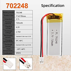 AKZYTUE 3.7V 720mAh 702248 Lipo battery Rechargeable Lithium Polymer ion Battery Pack with PH2.0mm JST Connector