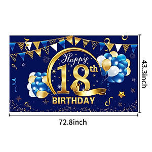 Happy 18th Birthday Banner Decorations for Men - Blue Gold 18 Birthday Backdrop Party Supplies - 18 Year Old Birthday Photo Background Sign Decor