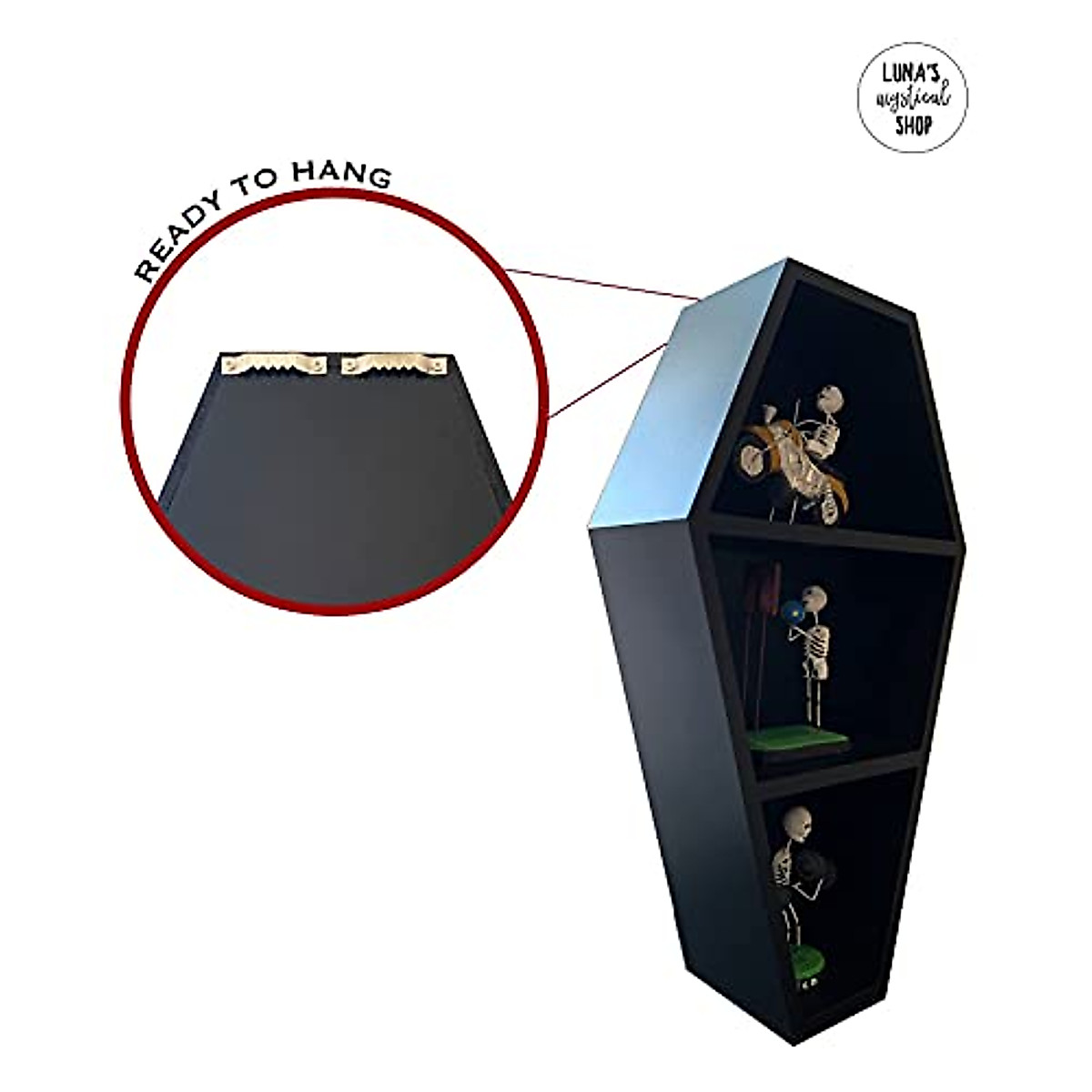 Luna's Mystical Coffin Shelf - Horror Gothic Decor - Black Floating Wooden Shelf for Wall or Table Top - Witchy Wall Decor- 14 Inches Tall by 7 Inches Wide