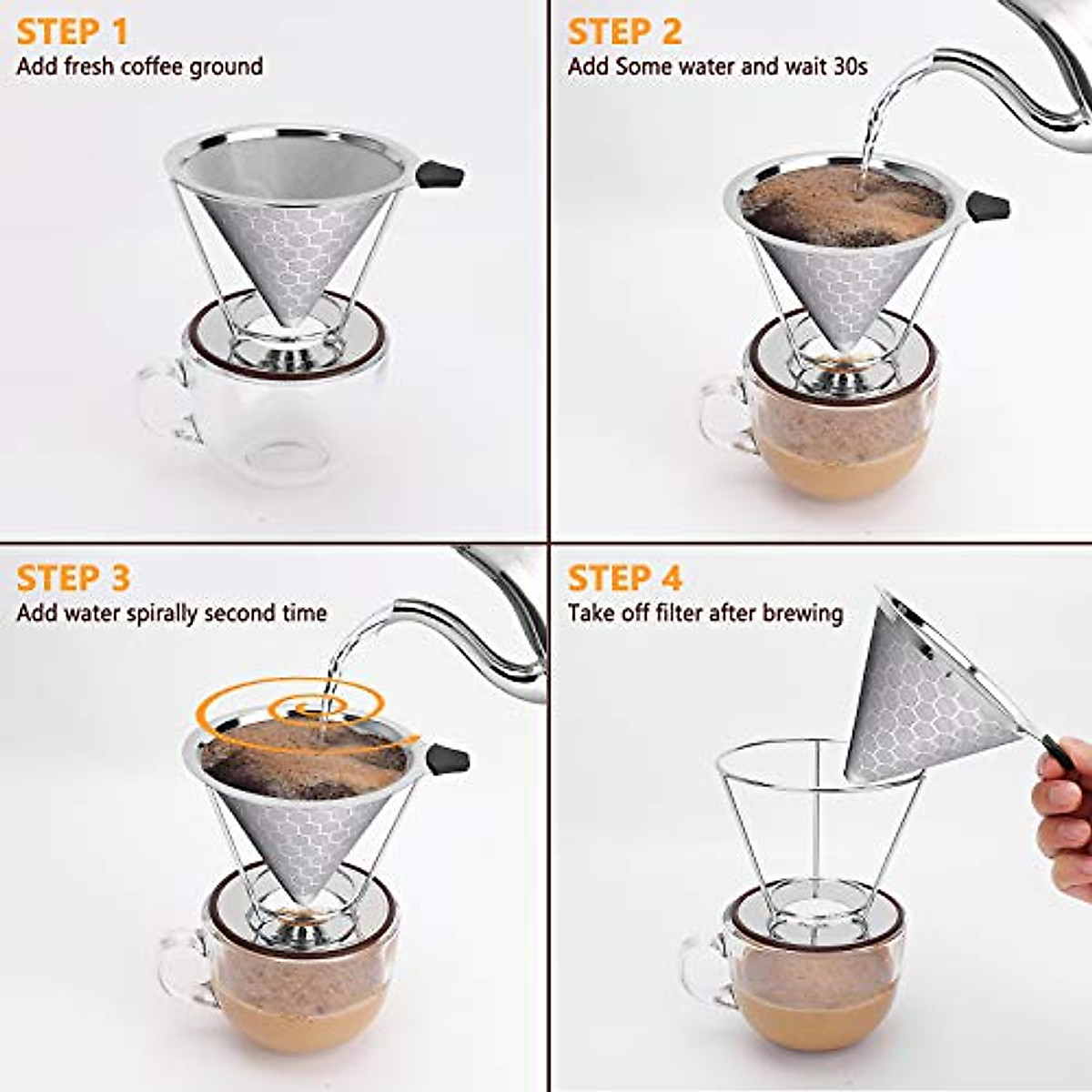 Pour Over Coffee Maker, Stainless Steel Reusable Coffee Filter, Paperless Manual Coffee Cone Filter, Pour Over Coffee Dripper for (1-4 Cup), Fine Mesh Coffee Strainer with Stand and Bonus Brush (1)