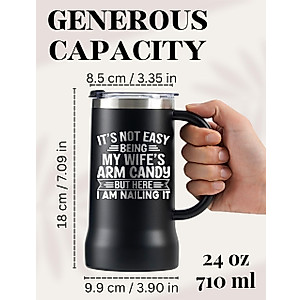 Onebttl Husband Gifts Funny Beer Stein, 24oz Stainless Steel Beer Mug with Lid for Valentine Father's Day, Christmas - Arm Candy