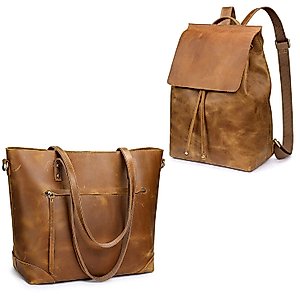 S-ZONE Women Genuine Leather Tote Bag Shoulder Handbag Bundle with Backpack Purse