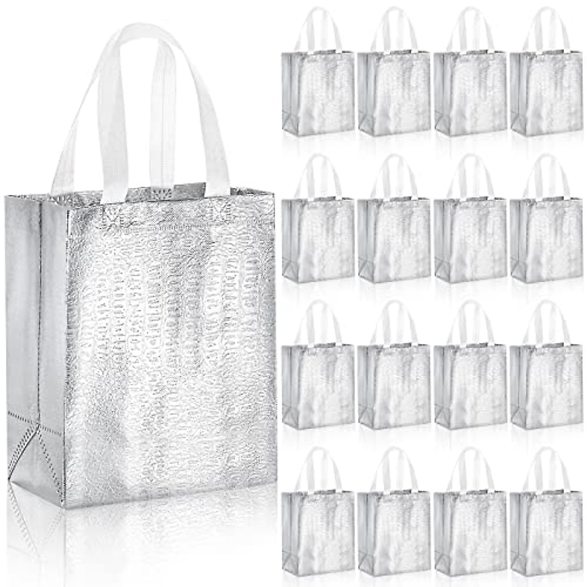 Elsjoy 40 Pack Glossy Reusable Grocery Bags, 10 x 8 Inch Non-woven Tote Shopping Bags with Handle, Silver Shiny Gift Bags Stylish Shopping Bags for Birthday, Wedding, Party, Business