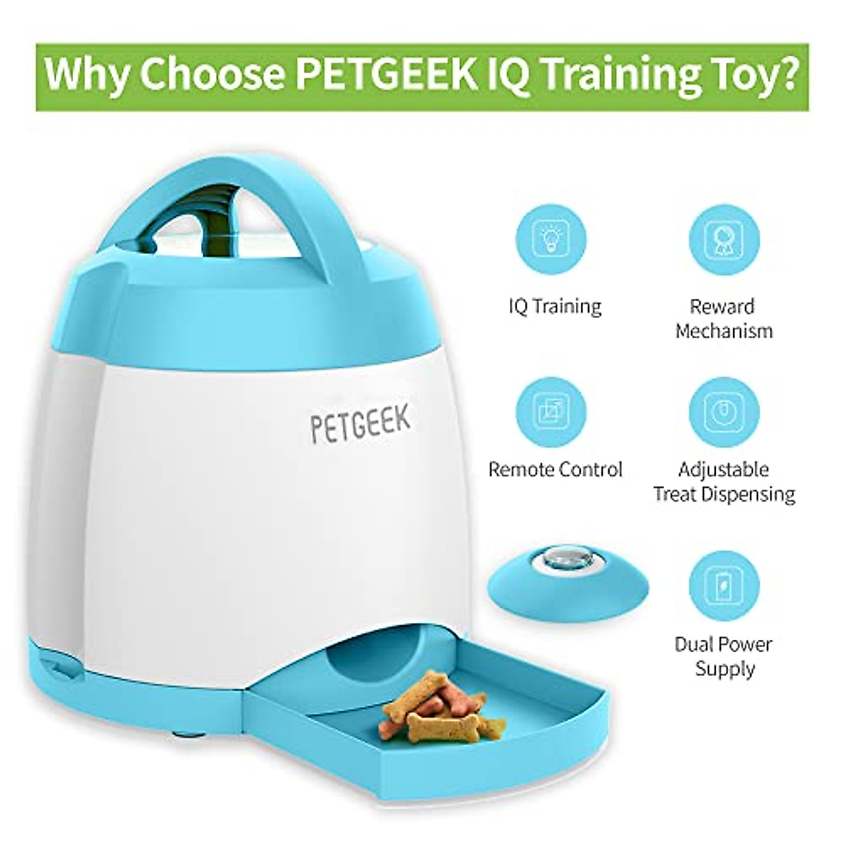 PETGEEK Automatic Dog Feeder Toy, Interactive Dog Puzzle Toys Treat Dispensing, Electronic Dog Food Dispenser Remote Control, Safe ABS Material Pet Toy for All Breeds of Dogs, Blue Color
