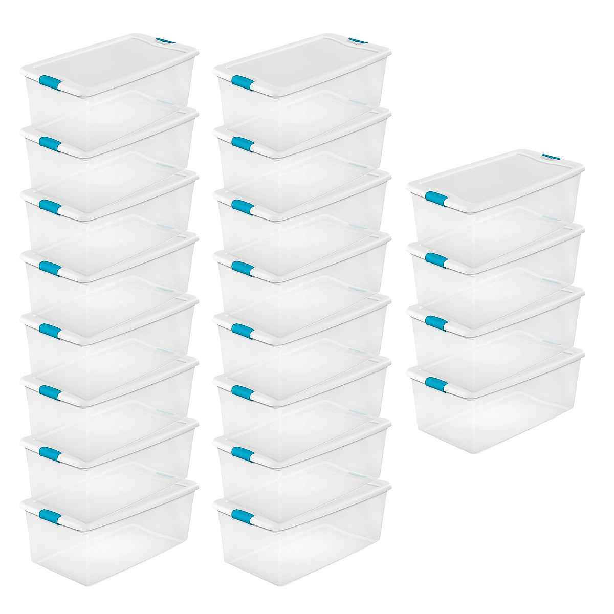 Sterilite Storage System Solution with 106 Quart Clear Stackable Storage Box Organization Containers with White Latching Lid, 20 Pack