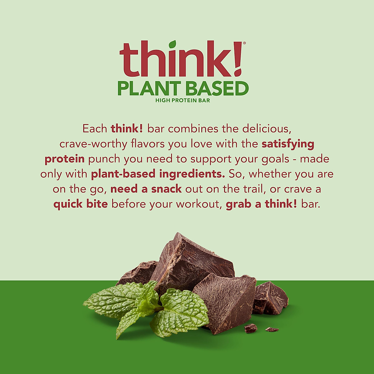 think! Vegan/Plant Based High Protein Bars - Chocolate Mint, 13g Protein, 5g Sugar, No Artificial Sweeteners, Non GMO Project Verified, 10 Count (Packaging May Vary)