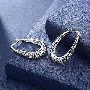 NewZenro Vintage Filigree 925 Sterling Silver Small Hoop Earrings for Women Girls Fashion Oval Hollow-out Texture Flower Dainty Huggie Hoops Hypoallergenic Pierced Jewelry Gifts