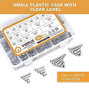 VIGRUE 460pcs Pan Head Philips Wood Screws, #4,#6,#8,#10,#12, 304 Stainless Steel Self Tapping Screw Assortment kit