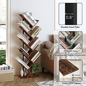 Yusong Tree Bookshelf, Geometric Bookcase with Steel Pipe for Living Room Bedroom, Floor Standing Shelves for Home Office (Rustic Brown, 9 Tier)