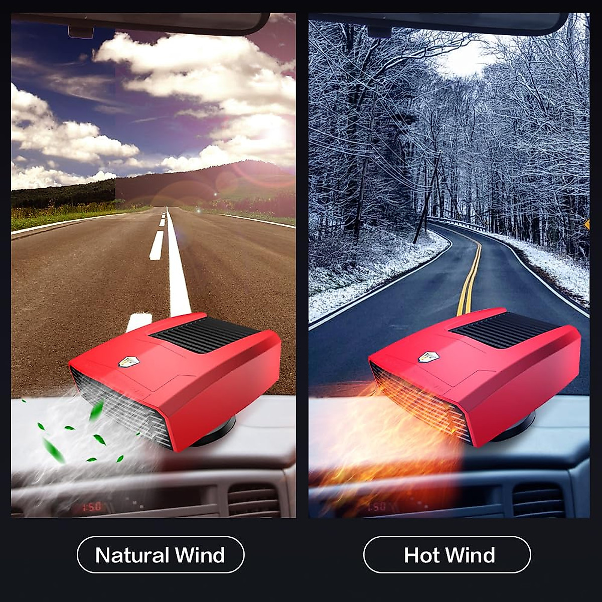 KUTUKU Car Defogger Defroster 2-in-1 Portable Car Fan with Air Purification 12V 150W Fast Heating Quickly Auto Heater Cooling Fan Automobile Windscreen Fan in Cigarette Lighter （Red）