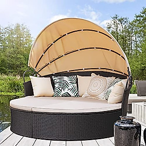 Kemon Patio Furniture Round Outdoor Daybed with Retractable Canopy Wicker Rattan Sectional Sofa for Lawn Garden Backyard Pool, Beige
