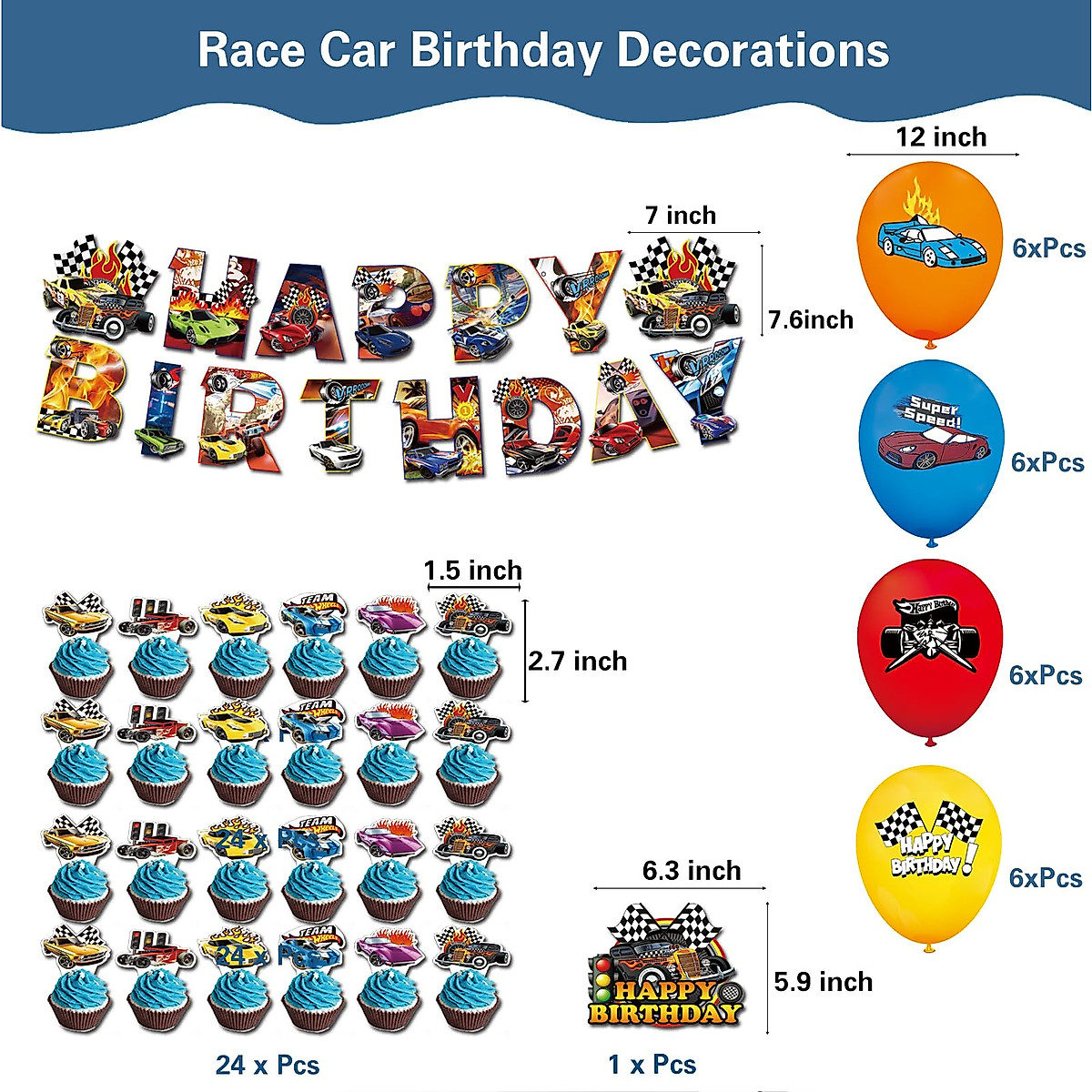htwhvt 122 Pcs Hot Car Birthday Party Supplies,Included Banner,Backdrop,Tablecloth,Cake Topper,Cupcake Toppers,Balloon,Racing Car Tableware Set for Boy and Girl Wheel Party Decorations