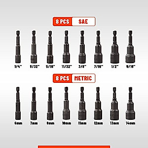 SENNMONN 16-Piece Magnetic Hex Nut Driver Set, Quick-Change 1/4" Hex Shank, Metric and SAE, Cr-V Steel, Nut Driver Set for Impact Drill