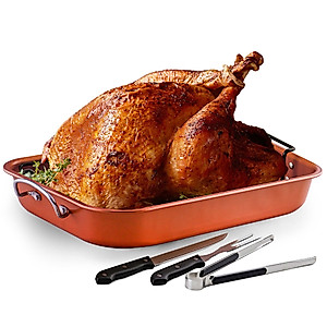 OVENTE Kitchen Oven Roasting Pan Nonstick Carbon Steel Baking Tray with V-Shaped Design Rack and Carving Knife Set, Easy Clean Dishwasher Safe & Cooking Roasting Turkey, Chicken, Copper CWR24619CO