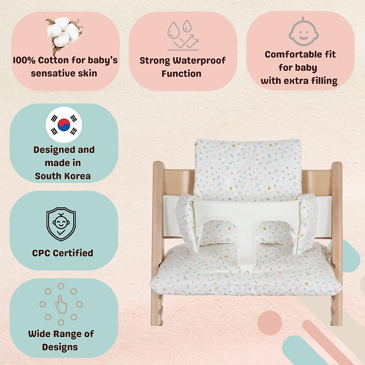 Gembebe Waterproof & Compatible Stokke Tripp Trapp Cushion Set - Easy to Clean Stokke Tripp Trapp Newborn Set - 100% Cotton Stokke Tripp Trapp High Chair Cushion Set (Little Birdie / 49.5 Counts)