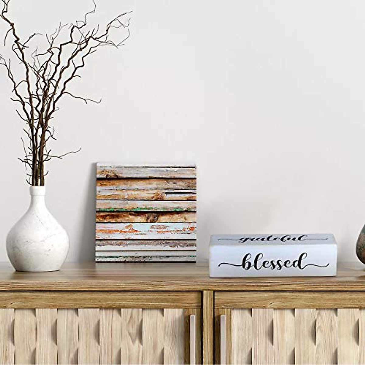 Four-Sided Inspirational Block Sign Rustic Wooden Blessed Gather Thankful Grateful Sign Tabletop Block Decor for Office Home Farmhouse Tabletop, Bookshelf, Tiered Tray Decor