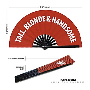 Tall, Blonde & Handsome Hand Fan Foldable Bamboo Circuit Hand Fan Funny Gag Slang Words Expressions Statement Gifts Festival Accessories Rave Handheld Circuit Event Fan Clack Fans (Red)
