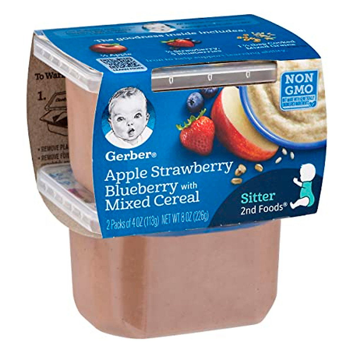 Gerber 2nd Foods Baby Food Tubs, Apple Strawberry Blueberry with Mixed Cereal, 2 - 4 Ounce Tubs Per Pack (Pack of 4)