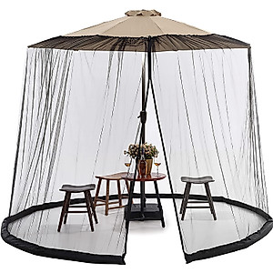 7.5-11 FT Patio Umbrella Mosquito Net, Polyester Mesh Umbrella Screen, Universal Canopy Umbrella Mosquito Netting with Zipper Door and Adjustable Rope, Fit Outdoor Umbrellas and Patio Tables