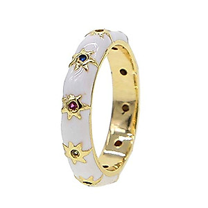 ATJMLADYJEWELRY Gold Plated Rainbow Star White Enamel Stack Stacking Engagement Band Ring for Women (8)