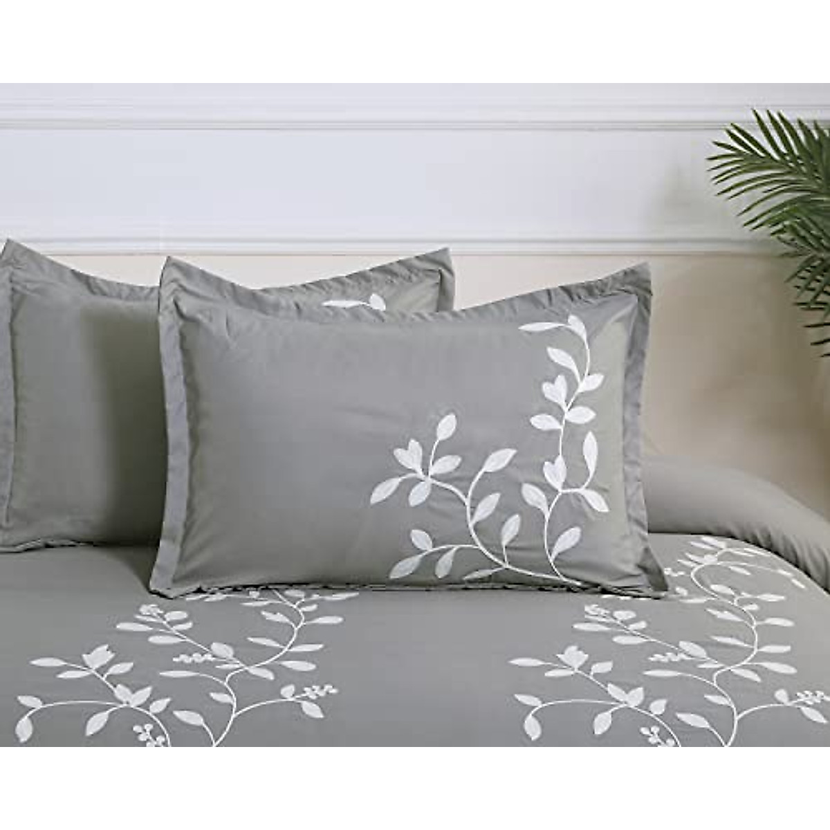 Dykoos Embroidered Soft Brushed Microfiber Duvet Cover Set, Floral Branches, Gray and White, King Size with Zipper Closure and Corner Ties, 1 Duvet Cover and 2 Pillow Shams