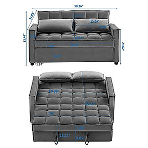 Aoowow 58 Inch Convertible Sleeper Sofa, Velvet Loveseat Sleeper Pull Out Sofa Bed Convertible Loveseat with Adjustable Backrest, 2 Pillows and Side Pockets for Living Room Small Spaces (Gray)