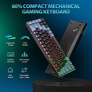 60% Percent Mechanical Gaming Keyboard, RGB Backlit 68 Keys Ultra-Compact Wired Keyboard with Detachable Type-C Cable, Full Anti-Ghost, Blue Switch Portable Mini Keyboard for Windows PC Mac Xbox Gamer