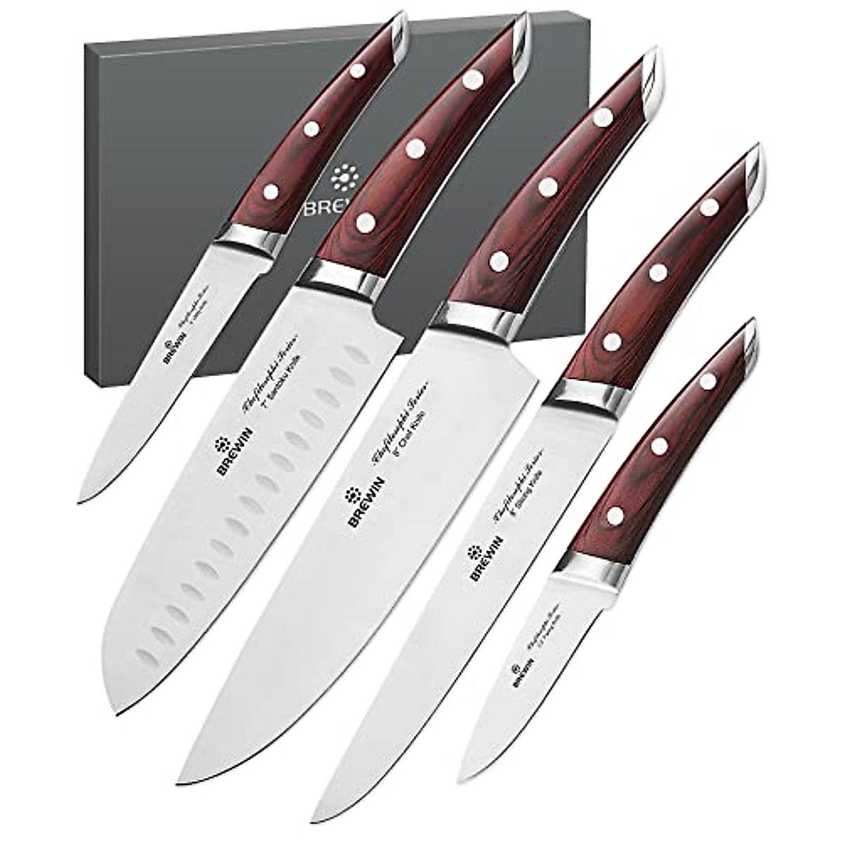 Brewin CHEFILOSOPHI Chef Knife Set 5 PCS with Elegant Red Pakkawood Handle Ergonomic Design,Professional Ultra Sharp Kitchen Knives for Cooking High Carbon Stainless Steel Japanese Chef's Knife
