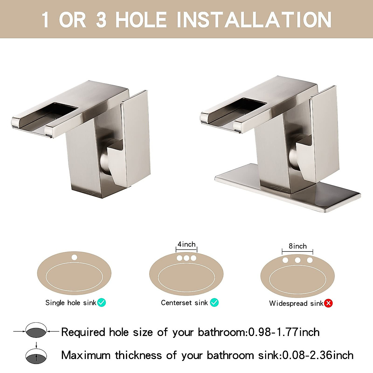Skybathjoy LED Bathroom Sink Faucet Waterfall with Drian Assembly 1 Hole Brushed Nickel Single Hole Handle RV Bath Vanity Faucets for Sinks 1 Hole Water Supply Lines, Stainless Steel Spout