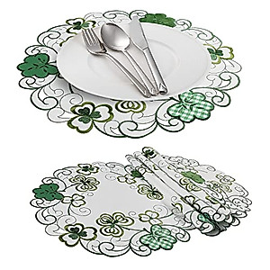 OWENIE St Patrick's Day Round Shamrock Placemats Set of 4, Embroidered Irish Clover Cutwork 15 Inch Placemats,Green Table Mats with Lucky Shamrocks, Round Doilies for Kitchen Dining Table