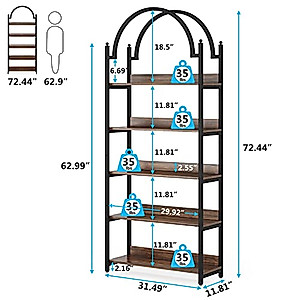 Tribesigns 5-Shelf Arched Bookcase, Industrial Metal Etagere Open Bookshelf, Rustic Wood Shelf with Black Metal Frame,72 Inches Tall(1, Brown+Black)