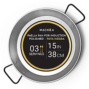 Machika Carbon Steel Pan | Professional Induction Cookware | Premium Polished Skillet for Cooking Mediterranean Food, Steaks & More | Ideal for Restaurants, Catering, Events | 3 Servings | 15 in |