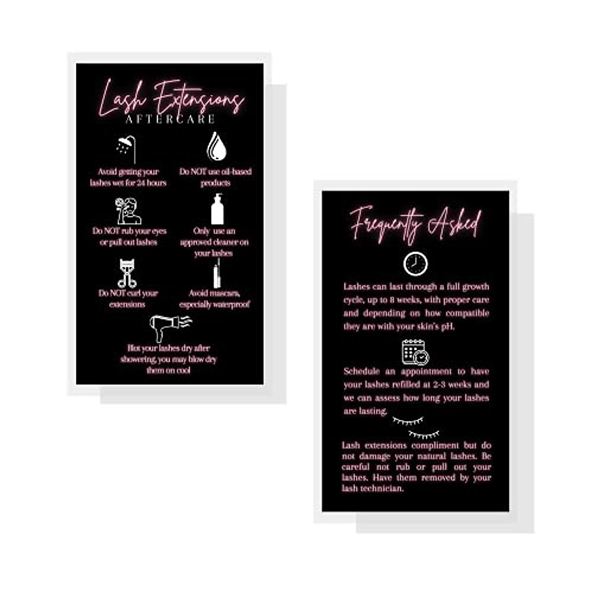 Lash Extension Aftercare Cards | 50 Pack | Eyelash Extension Supplies | 2x3.5" inches Business Card Size | Black with Neon Pink Color Design