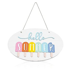 JieyueJewelry 3D Hello Summer Door Sign, Rustic Summer Door Decor Ice Cream Wooden Round Porch Decor, Welcome Beach Summer Hanging Sign for Home Garden Farmhouse Decorations