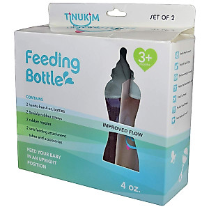 Tinukim iFeed 4 Ounce Self Feeding Baby Bottle with Tube - Handless Anti-Colic Nursing System, Blue - 2-Pack