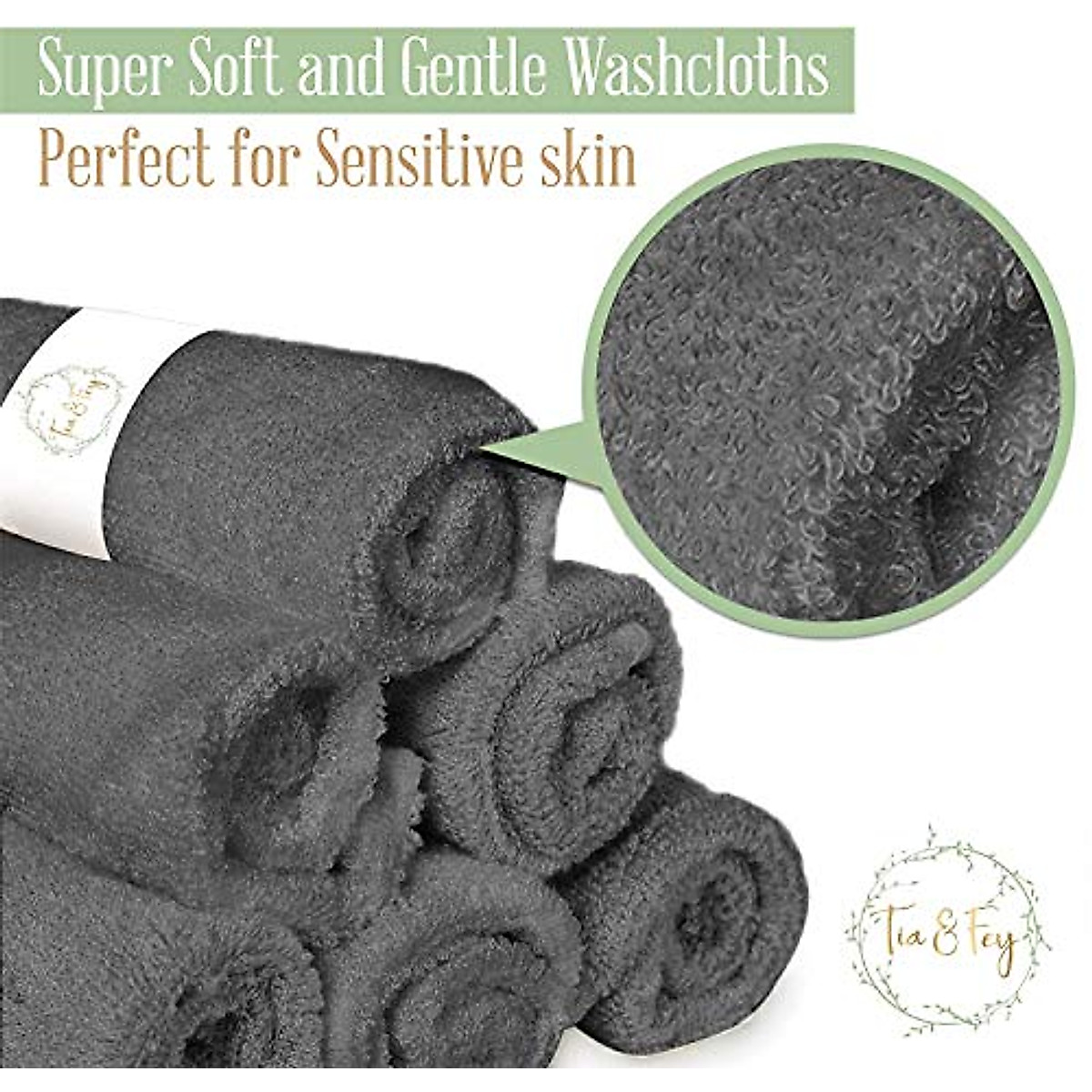 Tia & Fey Face Cloth Made from Bamboo Soft Wash Cloths for face Organic Bamboo Set of 6 Face Towel Gentle on Sensitive Skin Women Makeup Remover Reusable Absorbent Washcloths 10 x 10 Inch (Grey)
